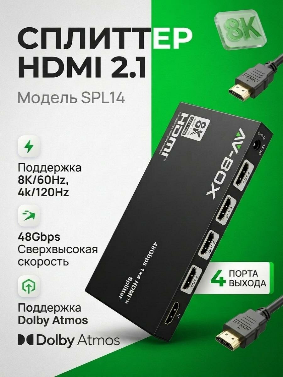 Сплиттер HDMI AV-BOX AV-BOX SPL14 усилитель-распределитель (сплиттер) HDMI 2.1, 1 вх.* 4 вых, 8K 60Гц 4:4:4