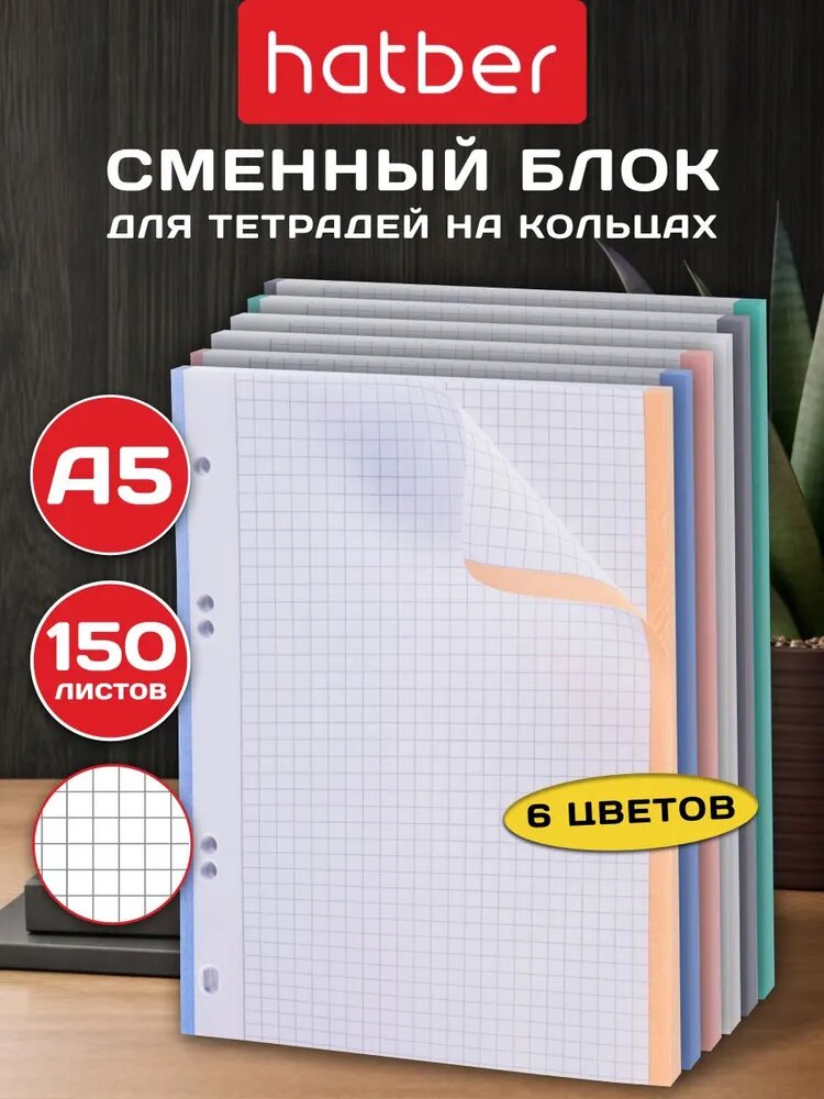 Сменный блок для тетради на кольцах А5 150 листов в клетку многоцветный срез