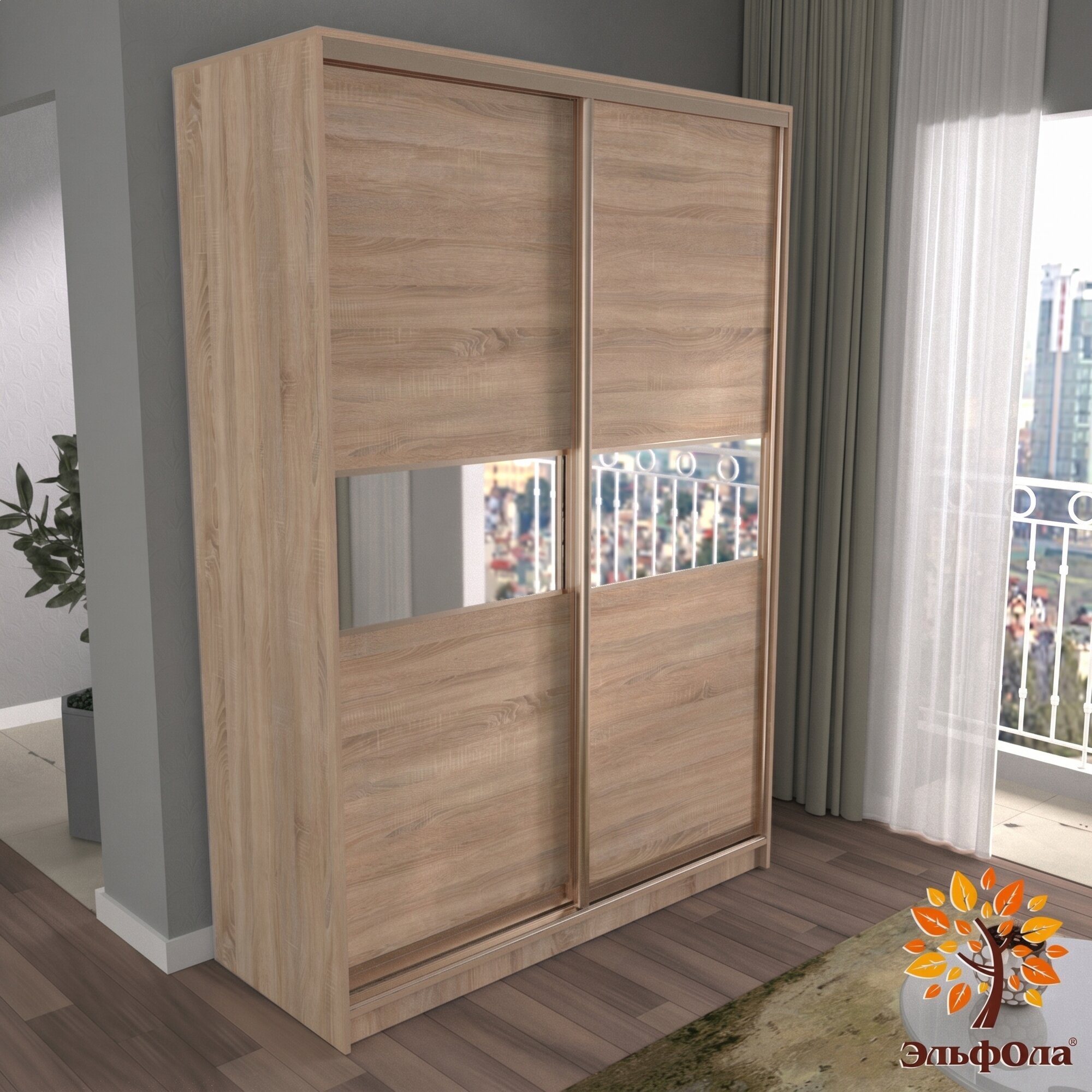 ЭльфОла Шкаф-купе "Гамма" 180х60х240 см, цвет сонома/золото, с зеркалом, для одежды, двухдверный