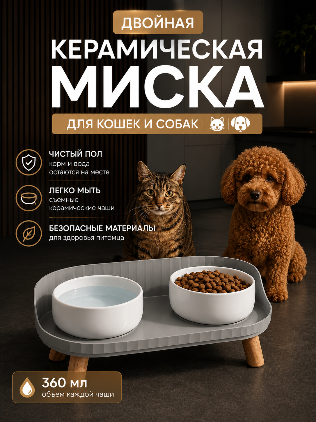 Миска двойная для кошек и собак на подставке, керамические чаши 2×360 мл, серая