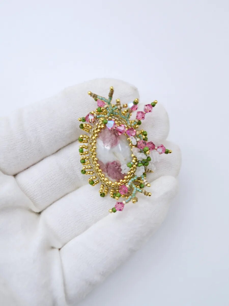 Брошь, турмалин, кристалл, кристаллы Swarovski, бисер