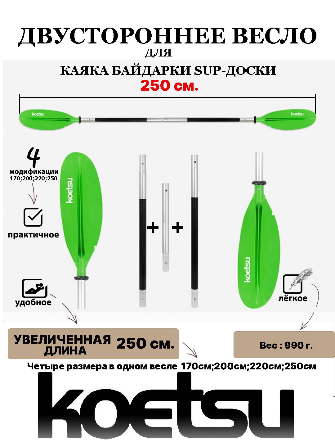 Весло для байдарки каяка пакрафта лодки SUP-доски сапборда зелёное разборное 5 секционное двустороннее