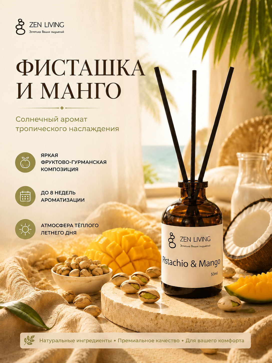 Диффузор для дома PISTACHIO & MANGO (Фисташка и манго) 50мл — фруктово-гурманский аромат солнечного тепла и уюта