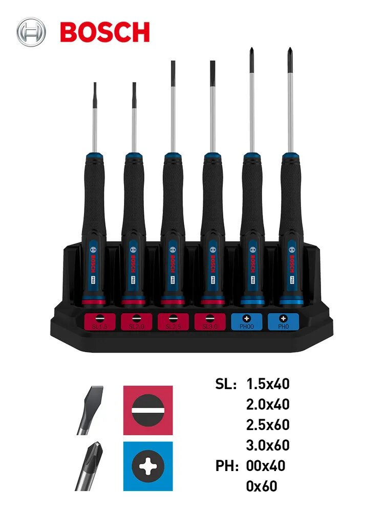 Bosch Pro Набор отверток 6 шт, отвертка крестовая и плоская для дома