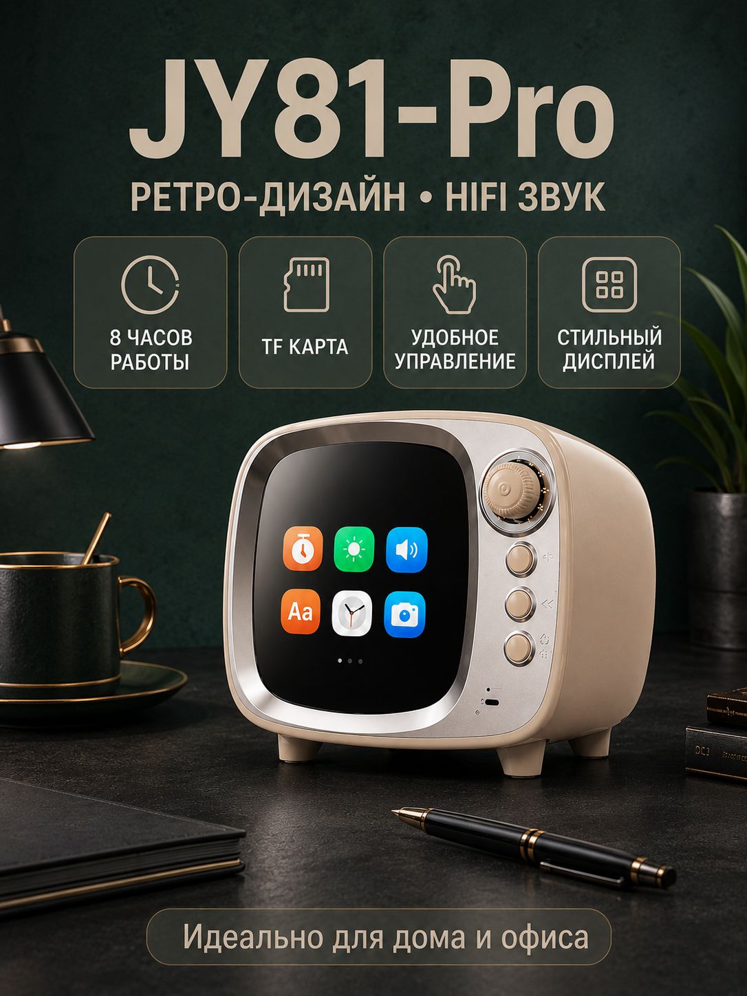 Умная Bluetooth колонка JY81-Pro в ретро-стиле с цветным экраном, HIFI звук, будильник, радио, поддержка TF карты, портативная акустика для дома и офиса