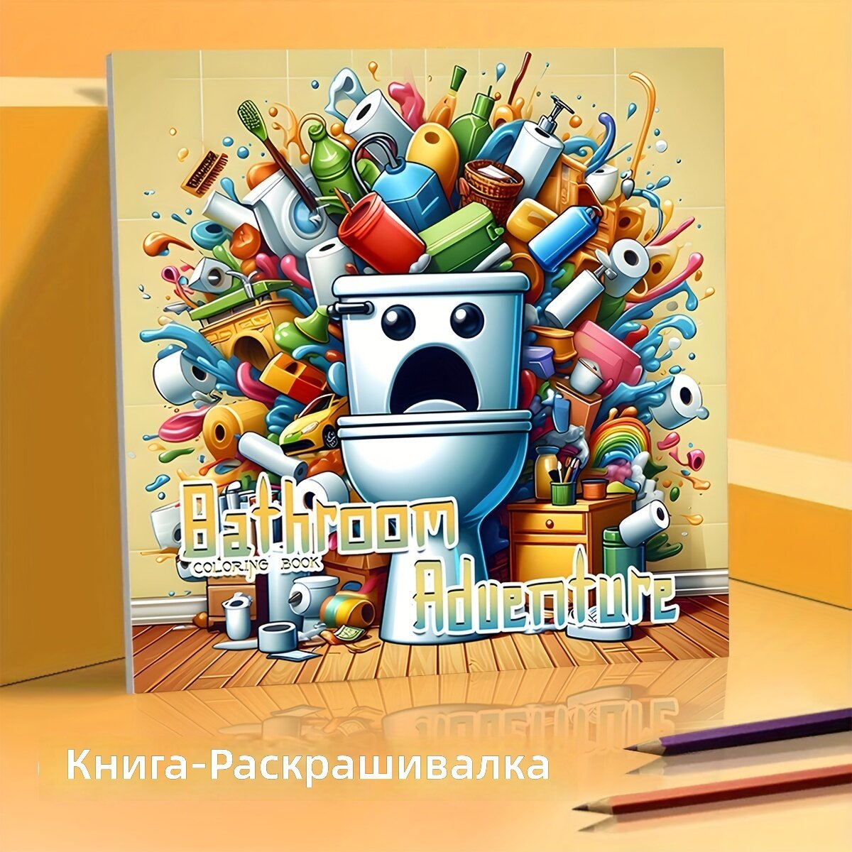 Раскраска для подростков и взрослых, 22 страницы на плотной бумаге, размер 20×20 см, стиль «Приключения в ванной комнате», уникальная обложка с детализированными рисунками