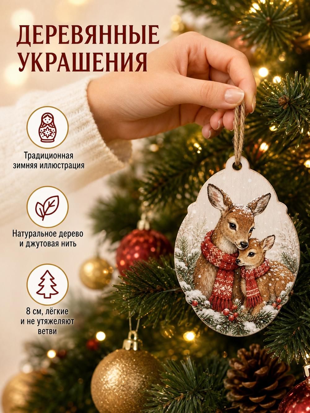 Елочное украшение со снегирем, из дерева, 10 см