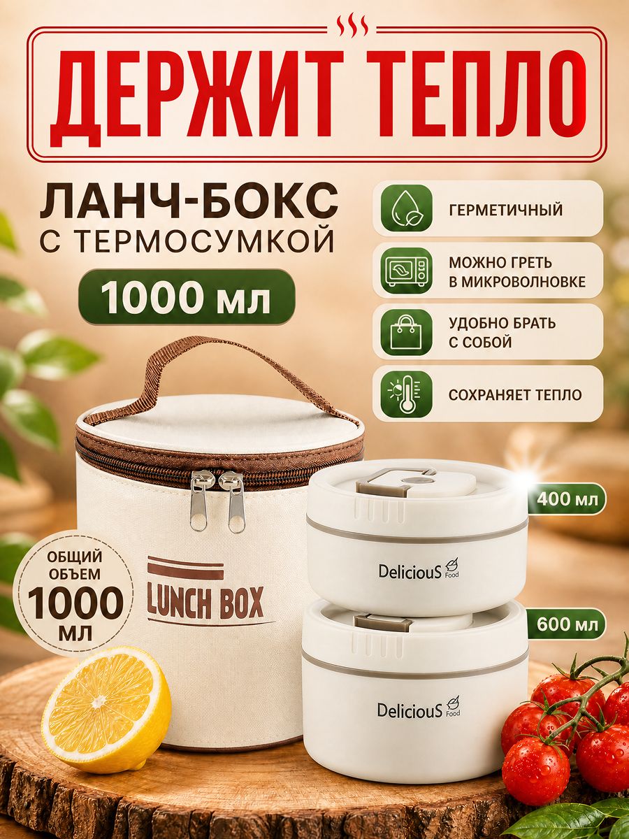 Ланч бокс для супа с термосумкой 2 герметичных контейнера 1000 мл Бежевый