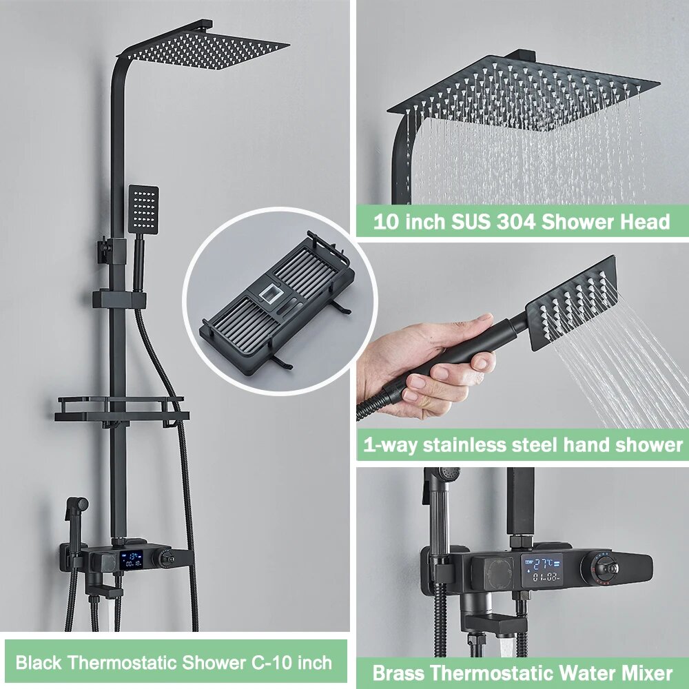 Набор умных термостатических душевочных кранов Rozin Black Smart Thermostatic Shower Faucet Set с раком и биде той системой для ванной с цифровым смесителем и дождевым душем