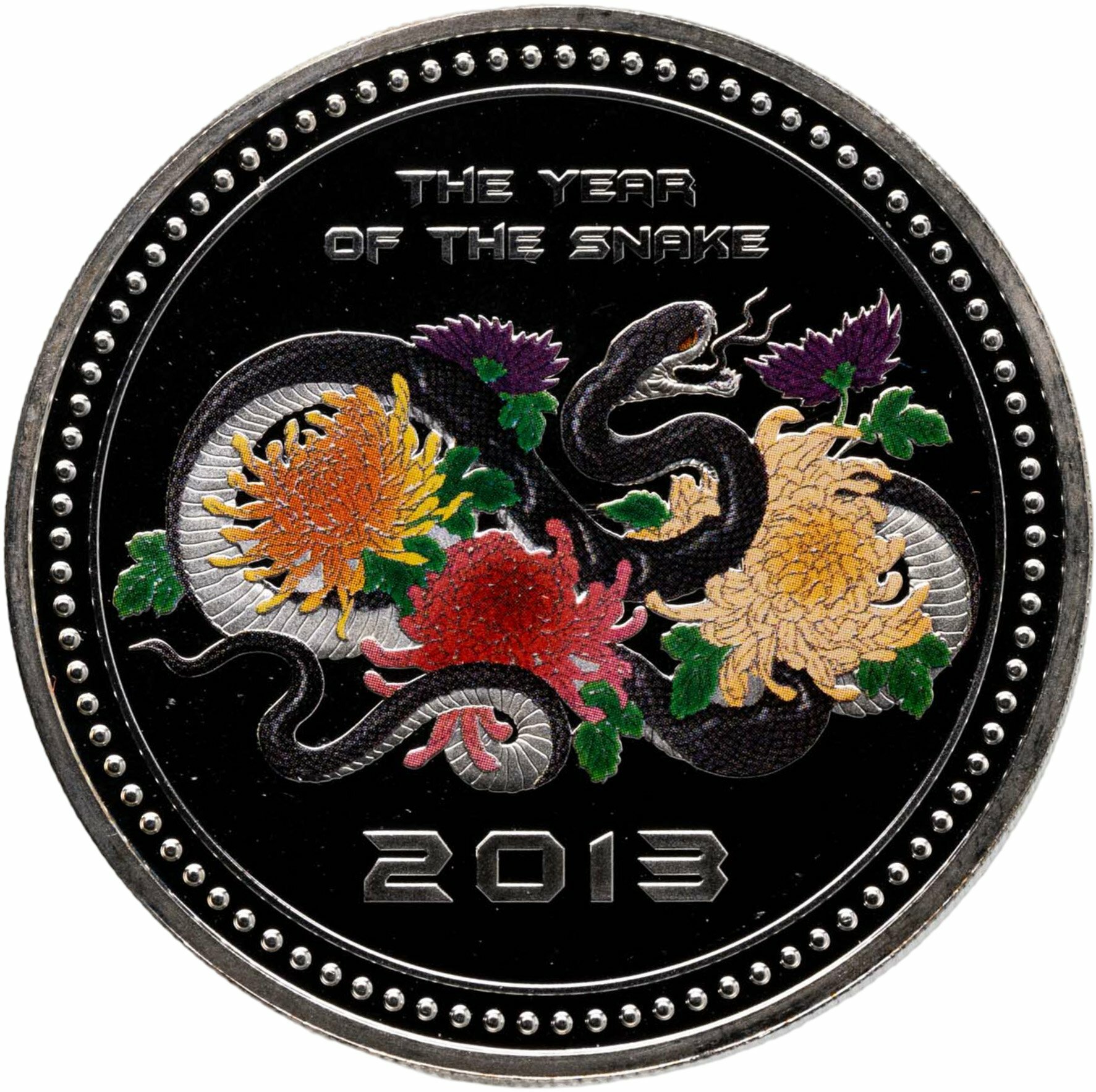 Острова Кука 5 долларов 2013 Proof "Китайский гороскоп - Год змеи - счастье хризантемы", Серебро 999