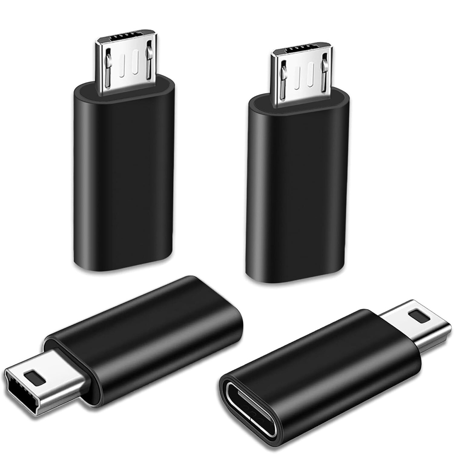 Переходник USB Type-C, комплект 4 шт: 2 адаптера USB-C Female на Micro-USB Male и 2 адаптера USB-C на Mini 5-pin USB для зарядки и передачи данных