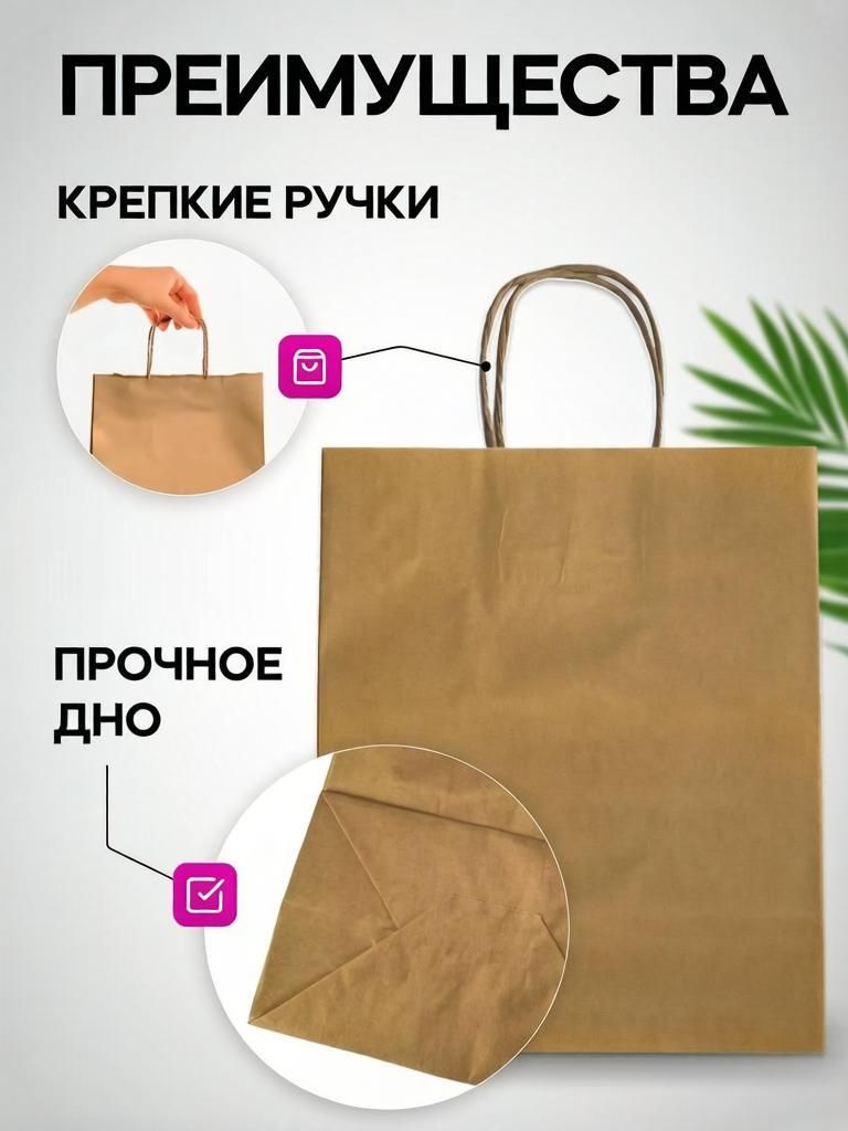 Крафт пакеты 22х12х25 см бумажные с кручеными ручками, 10 шт. для хранения продуктов, упаковки блюд и кухонного использо