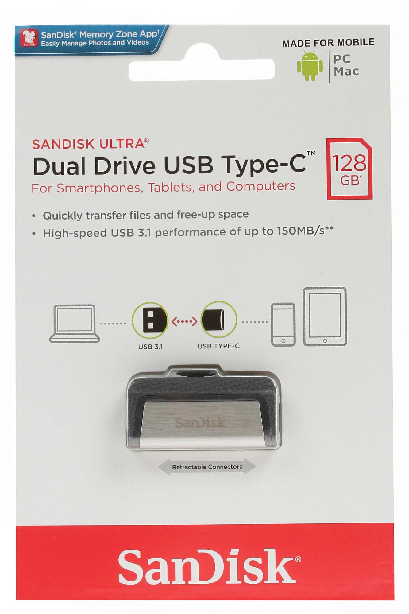 USB-флеш-накопитель SanDisk Ultra Dual 128 ГБ, USB 3.1 / USB Type-A / USB Type-C