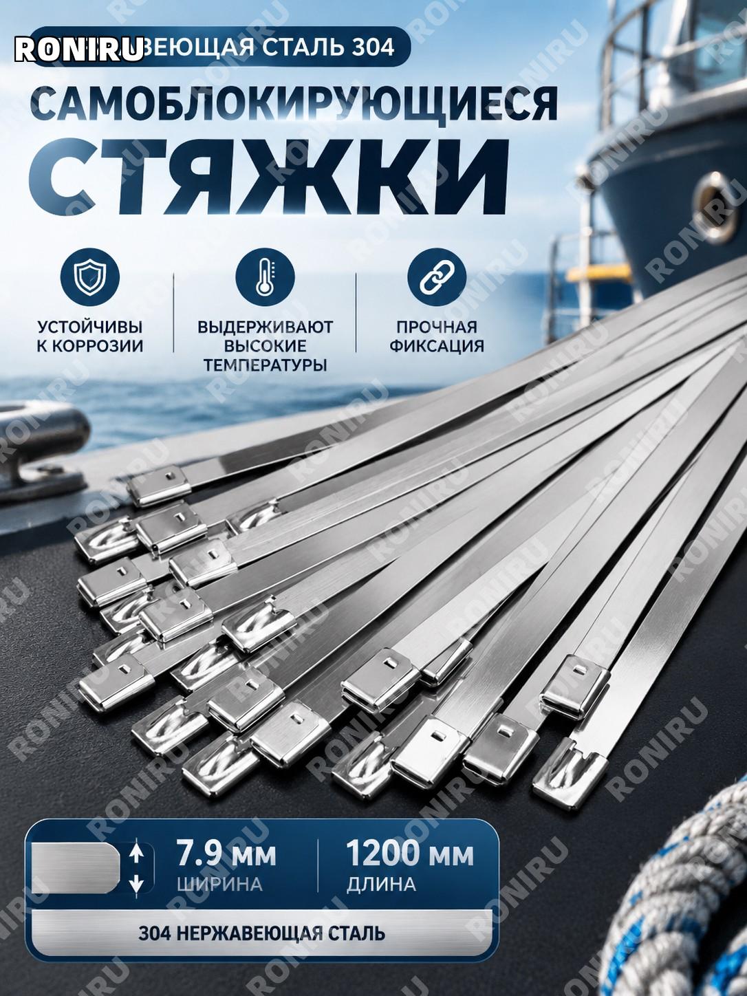Самозажимная стяжка из нержавеющей стали 304 7.9×1200 мм, 50 шт/уп для фиксации кабелей и судового оборудования