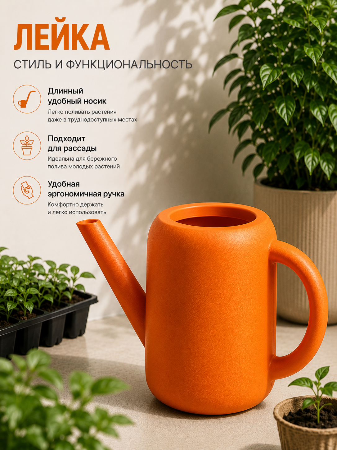 Лейка комнатная садовая интерьерная 1 литр – стильный дизайн, прочный пластик