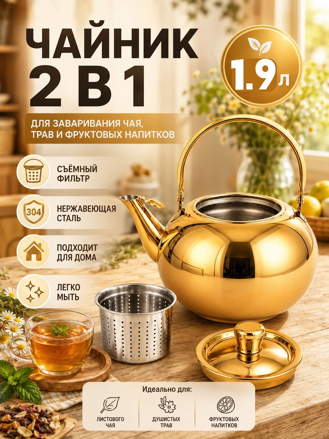 Чайник муфта 1.9 л крышка в комплекте, ненагревающиеся ручки нержавеющая сталь золотой