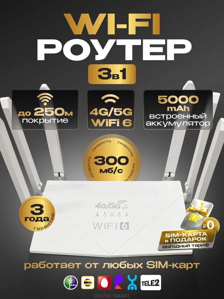 Роутер WIFI 6 с сим картой 4G/5G и встроенным аккумулятором 5000 мАч, скорость до 300 Мбит/с, покрытие до 250 метров, до 64 устройств
