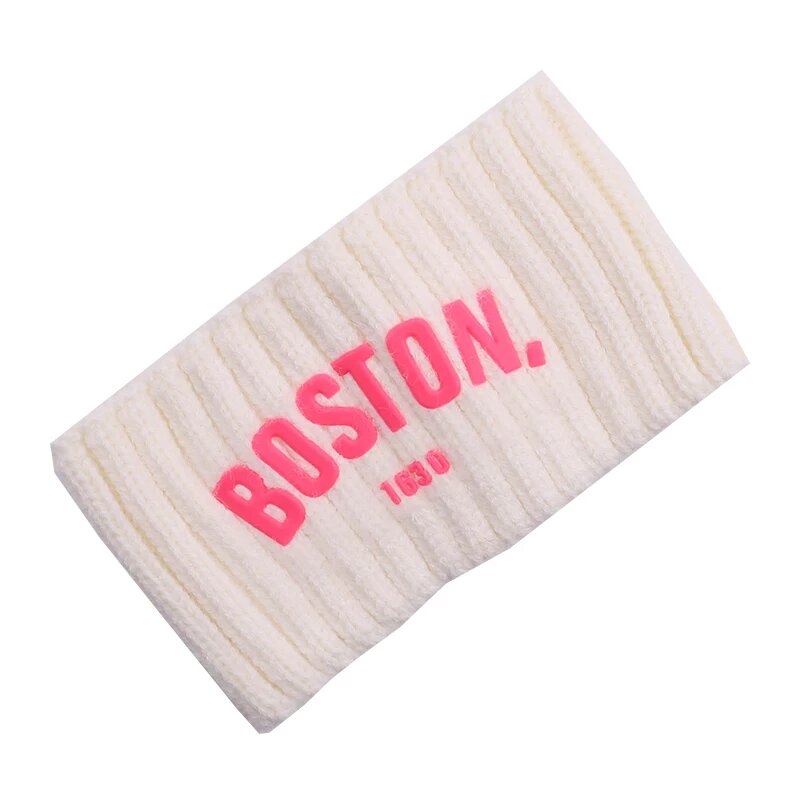 Женская широкополая спортивная повязка с надписью BOSTON на белом фоне и малиновыми буквами, эластичная ленточка для