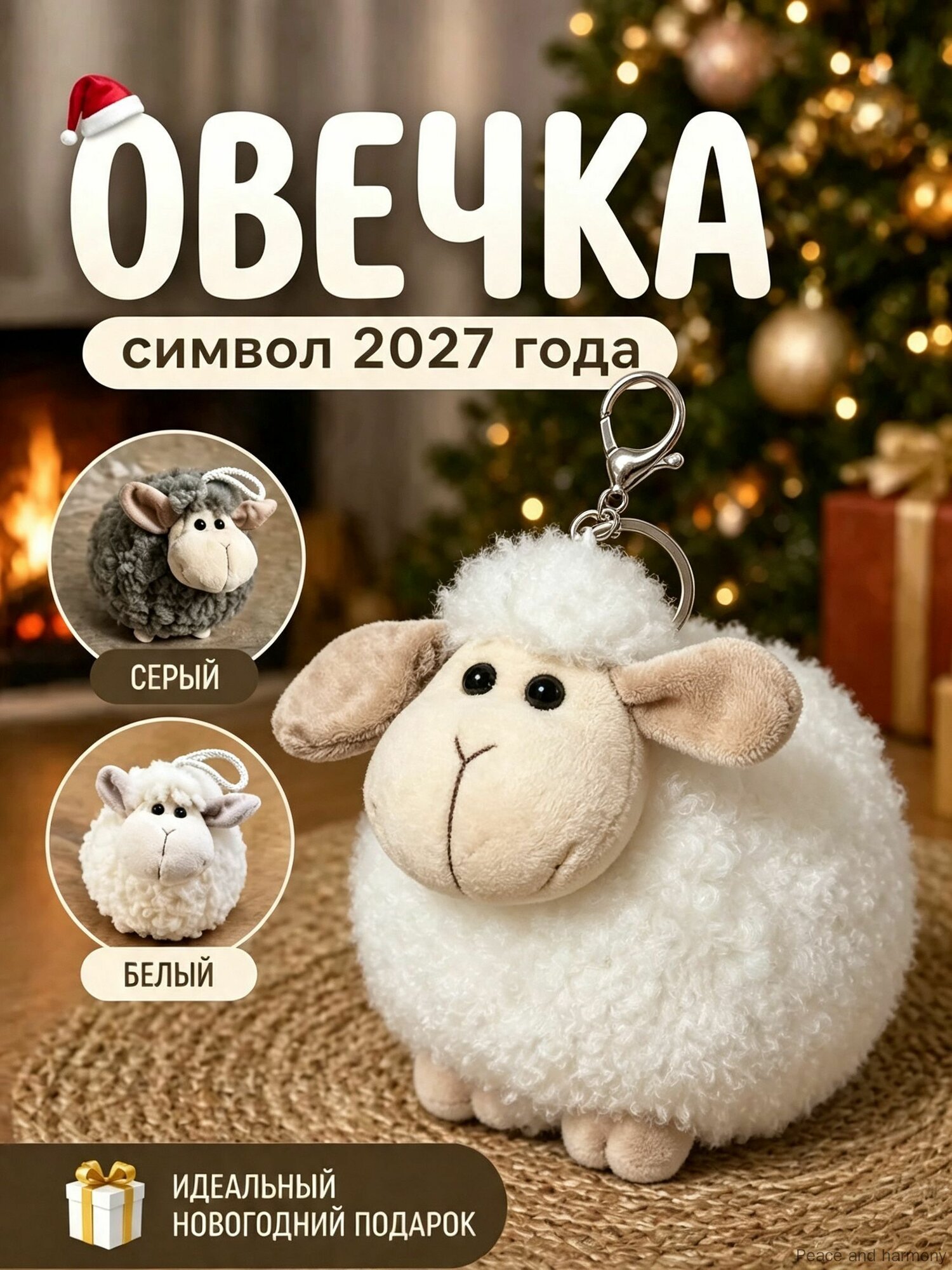 Мягкая игрушка овца белоснежная овечка 20см символ года 2027 для мальчика и девочки