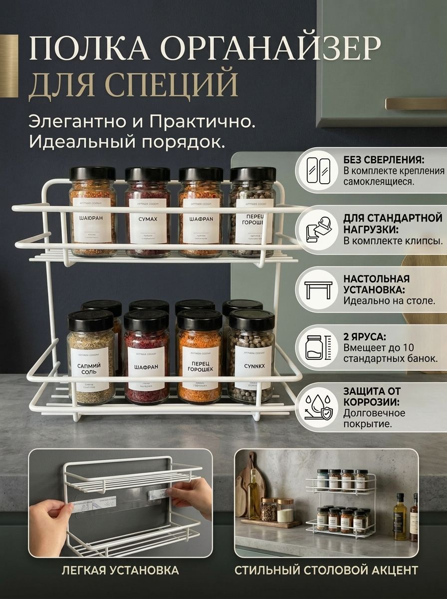 Полка настенная самоклеющаяся металлическая для кухни для ванной комнаты, органайзер для специй