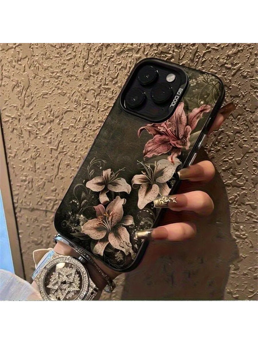 Чехол на IPHONE 13/14 Черный фон с темными лилиями