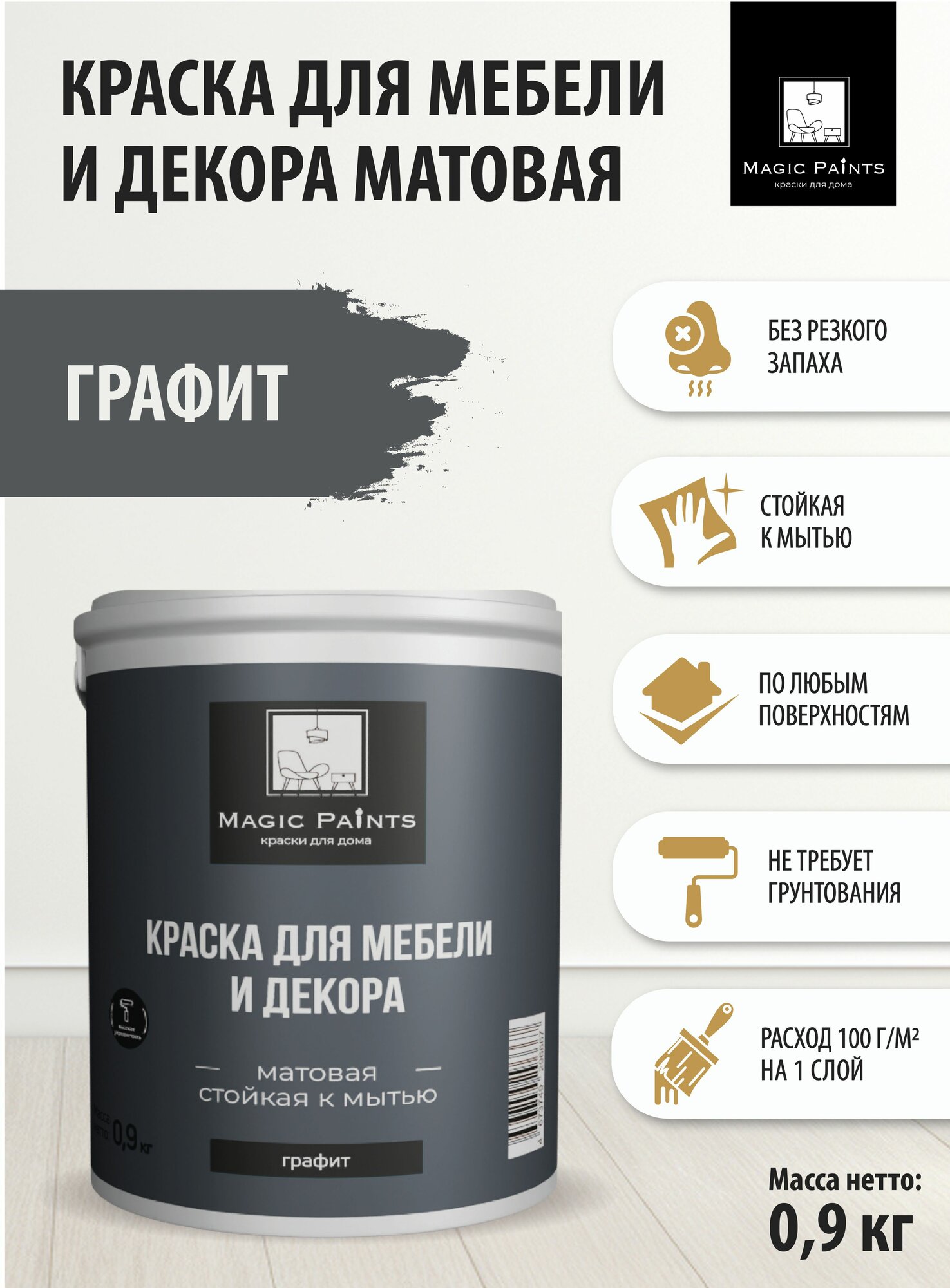 Матовая краска для мебели и декора Magic Paints без запаха для окраски стен и потолков, дерева и кухни, кухонных фасадов, пластика и стекла, металла, дверей и плитки цвет Графит, 0.9 кг