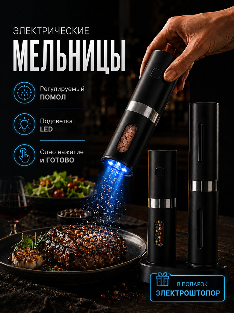 Мельница для специй, электрический штопор, корпоративный подарок в презентабельной упаковке, цвет серебряный шторм