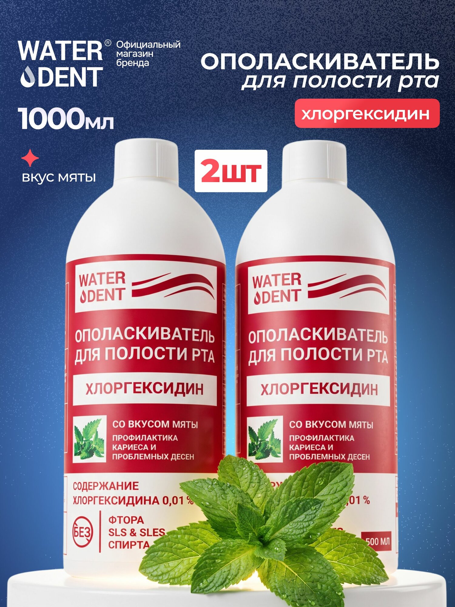 Ополаскиватель для рта с Хлоргексидином Мята / 2 шт по 500 мл Waterdent, ополаскиватель для ежедневного ухода за