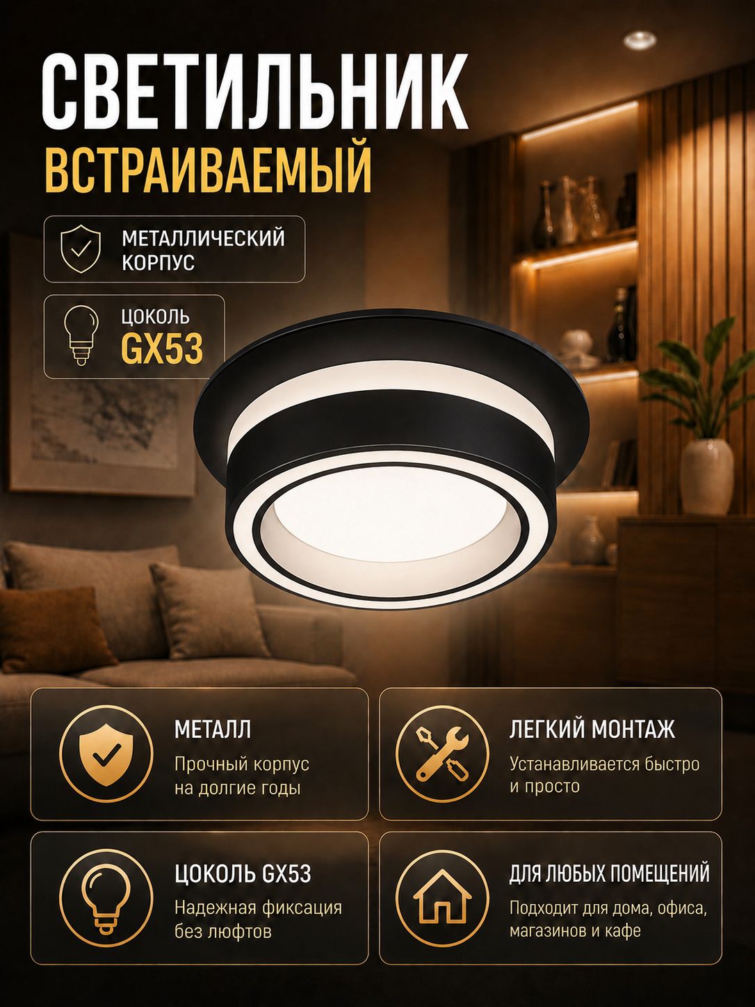 Светильник потолочный GX53 встраиваемый металлический, точечный светильник, корпус GX53, рамка GX53, для натяжного потолка, отверстие 90 мм, черны