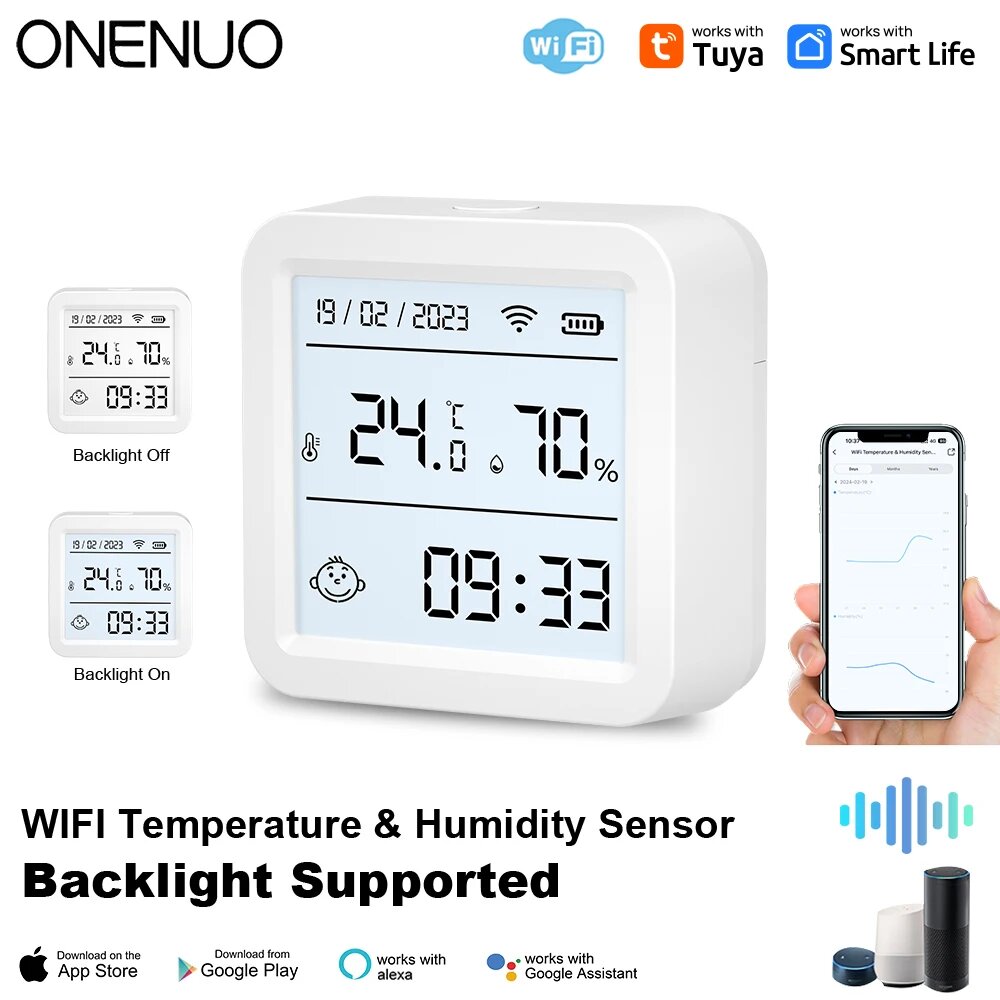 Датчик Температуры И Влажности ONENUO Tuya Wi-Fi С Управлением Через Приложение Для Умного Дома, Удаленный Мониторинг