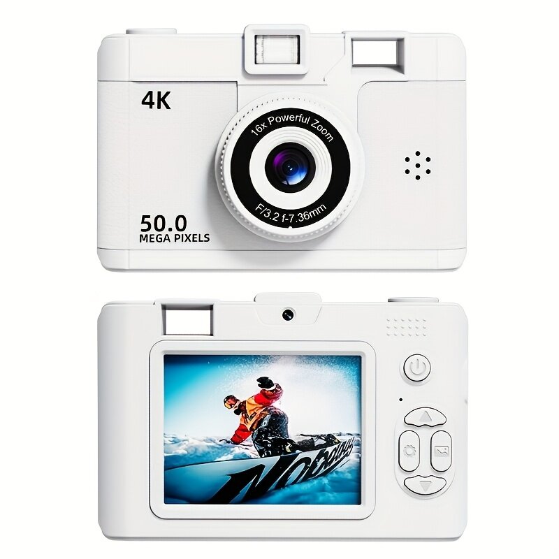Цифровая камера с CCD-матрицей, 2.4-дюймовый IPS-экран, аккумуляторная, HD-качество, без карты памяти, белый цвет