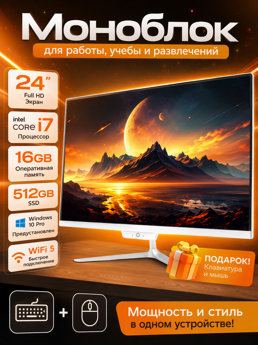 Моноблок Eryhon 24" IPS‑экран FHD 1920×1080 | Intel Core i7, ОЗУ 16 ГБ, SSD 512 ГБ, Windows 10 Pro