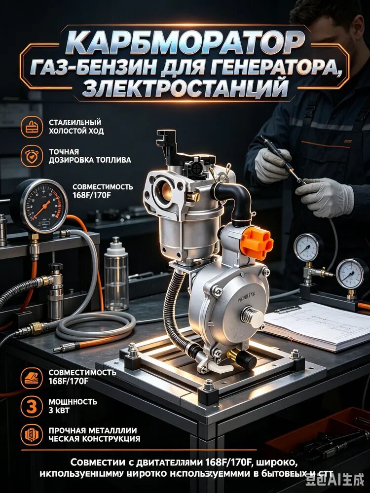Карбюратор газ-бензин для генератора, электростанций. 3 кВт ( двигатель 6.5-7 лс 168F/170F)