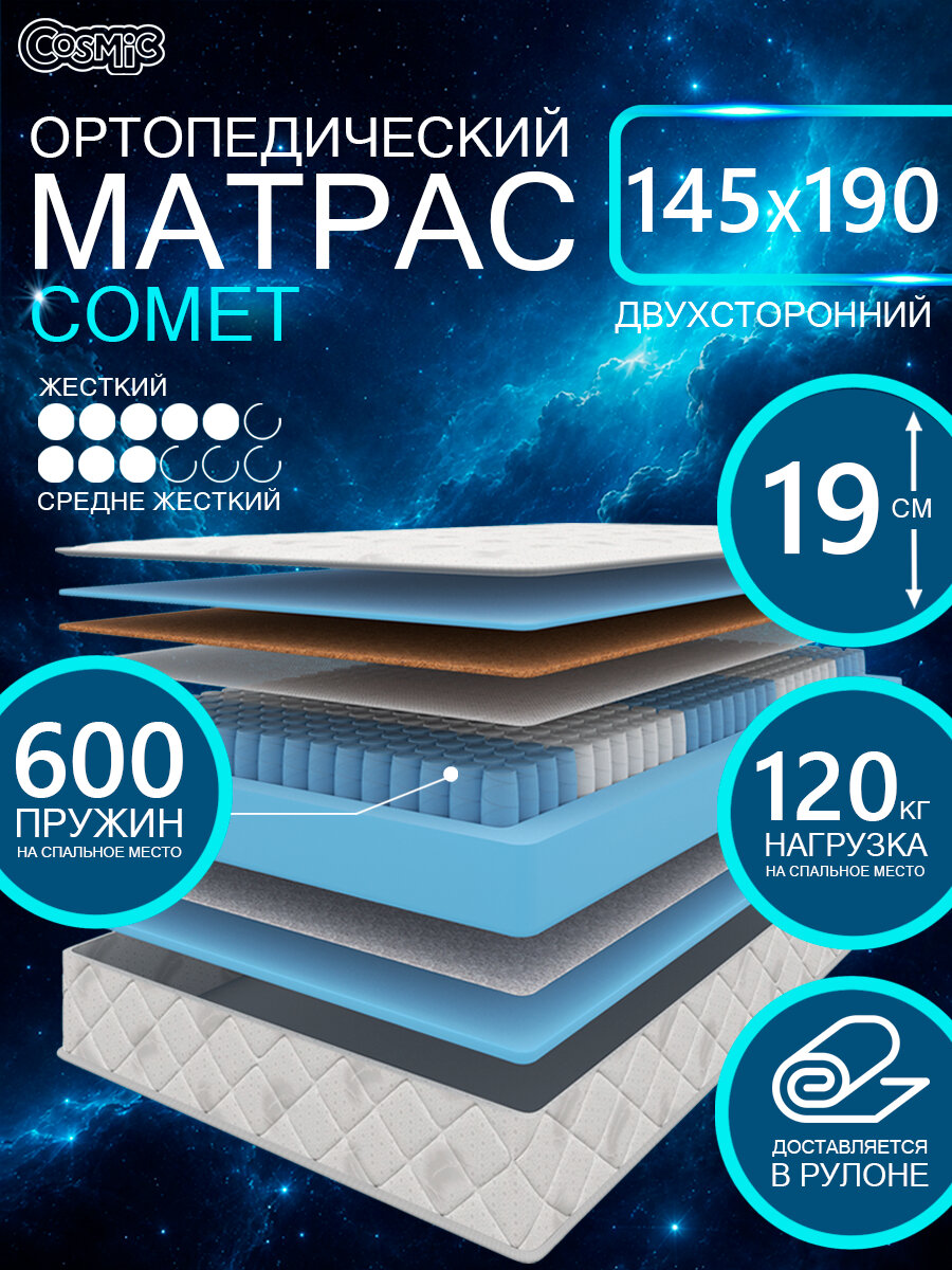Матрас Cosmic Comet 145x190 см, пружинный, 2 степени жёсткости, высота 19 см, анатомическая поддержка