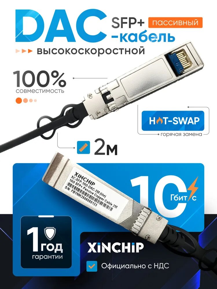 Кабель DAC SFP+ 2 метр 10Гбит/с (Passive) Xinchip