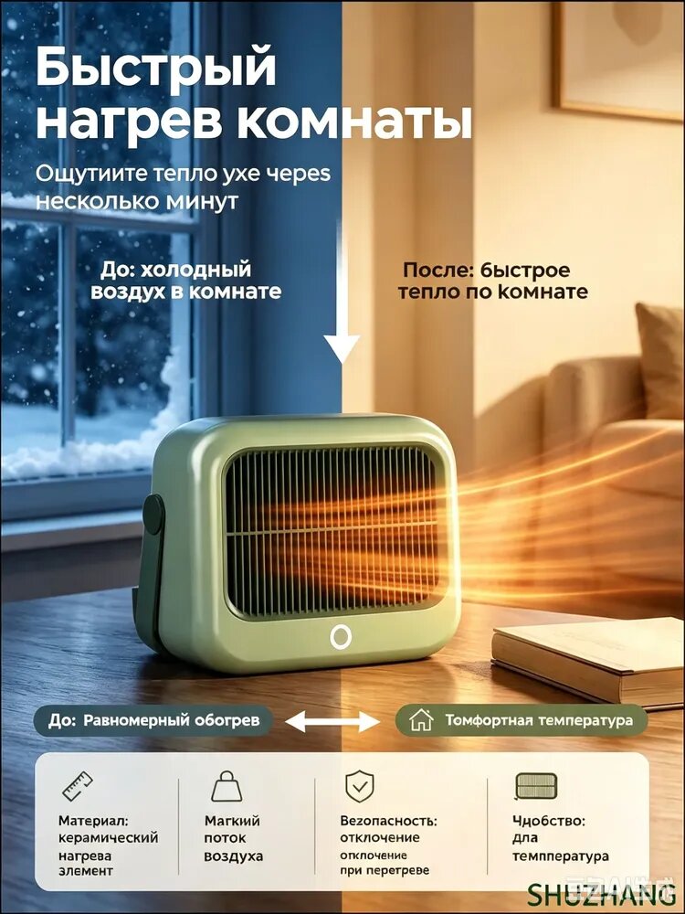 Компактный обогреватель для дома и офиса, качественный керамический тепловентилятор мощностью 1200 Вт.