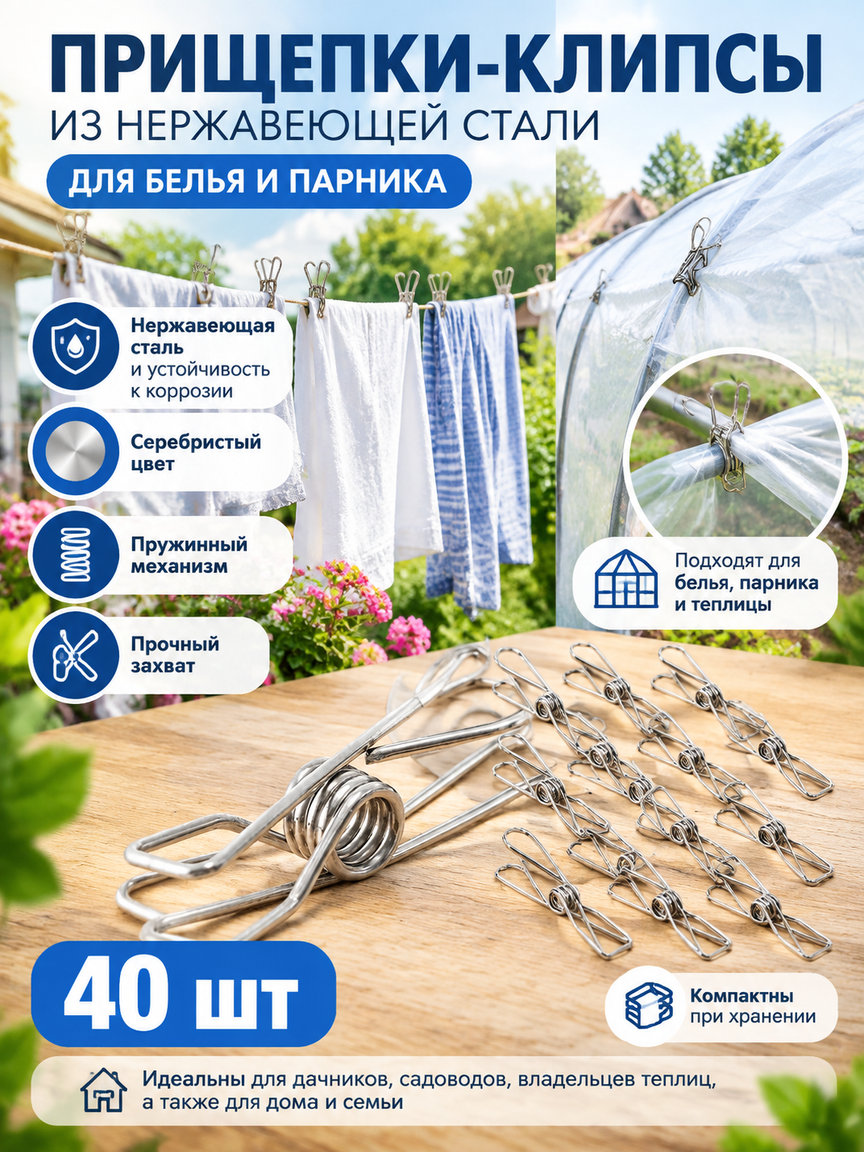 Прищепки-клипсы из нержавеющей стали 40 шт, серебристые, прочные для белья и парника, пружинные