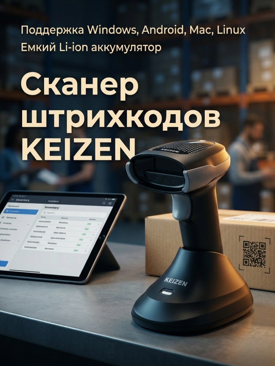 Сканер штрихкодов беспроводной для ПВЗ и магазина KEIZEN с базой (KZ-5776111)
