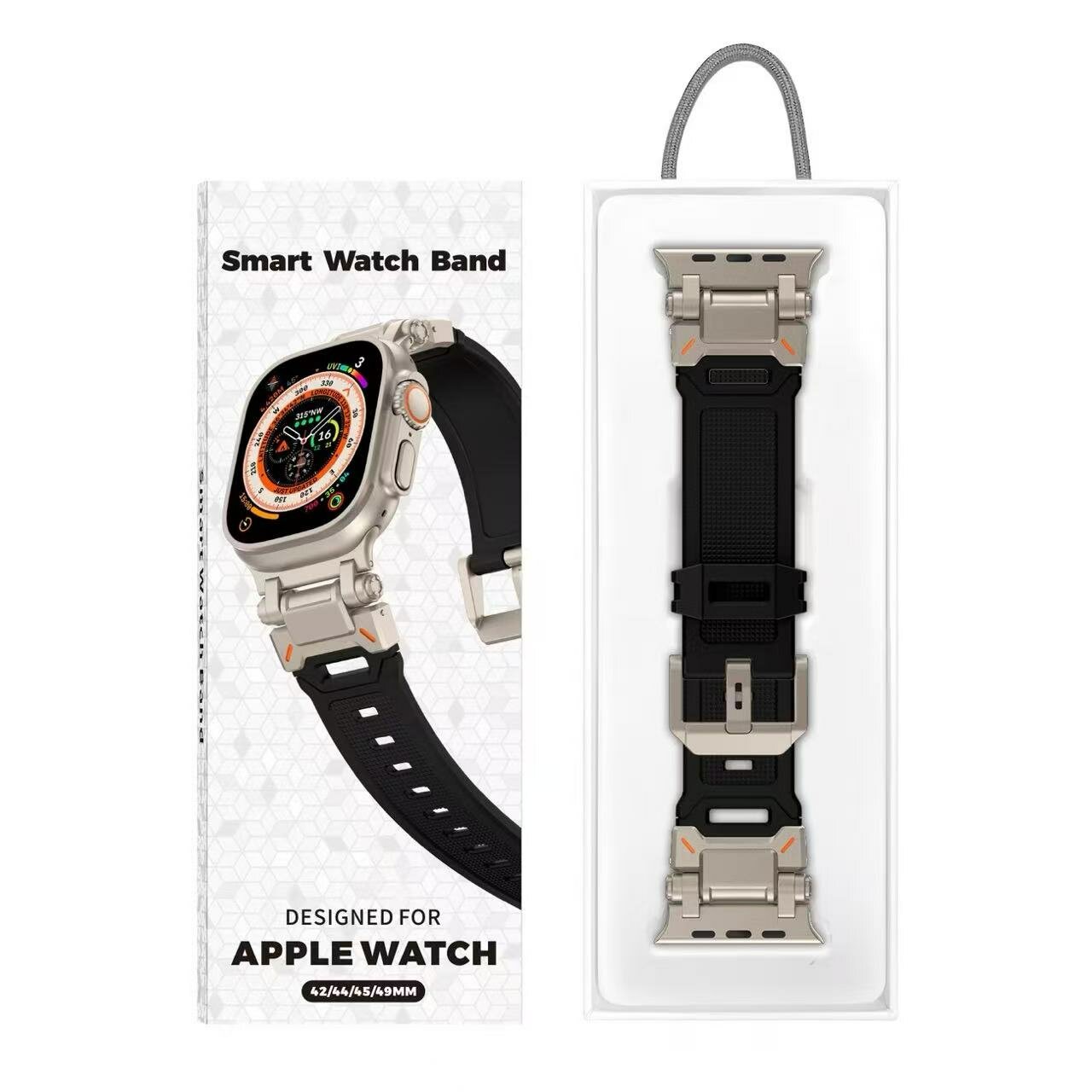 Спортивный ремешок для Apple Watch 42/44/45/49 мм, силикон‑металлический браслет в стиле милитари для умных часов