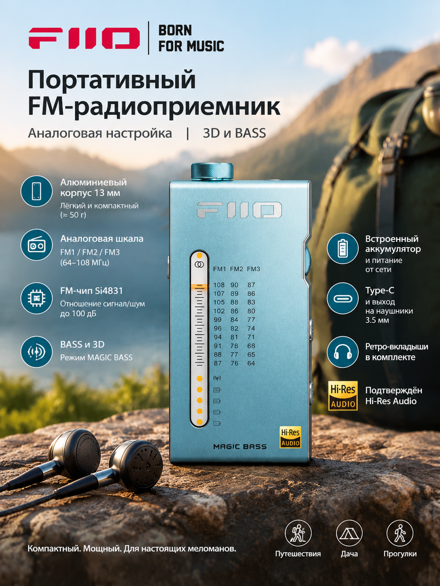 FM-радиоприемник портативный с аналоговой шкалой, 3D и BASS, встроенный аккумулятор
