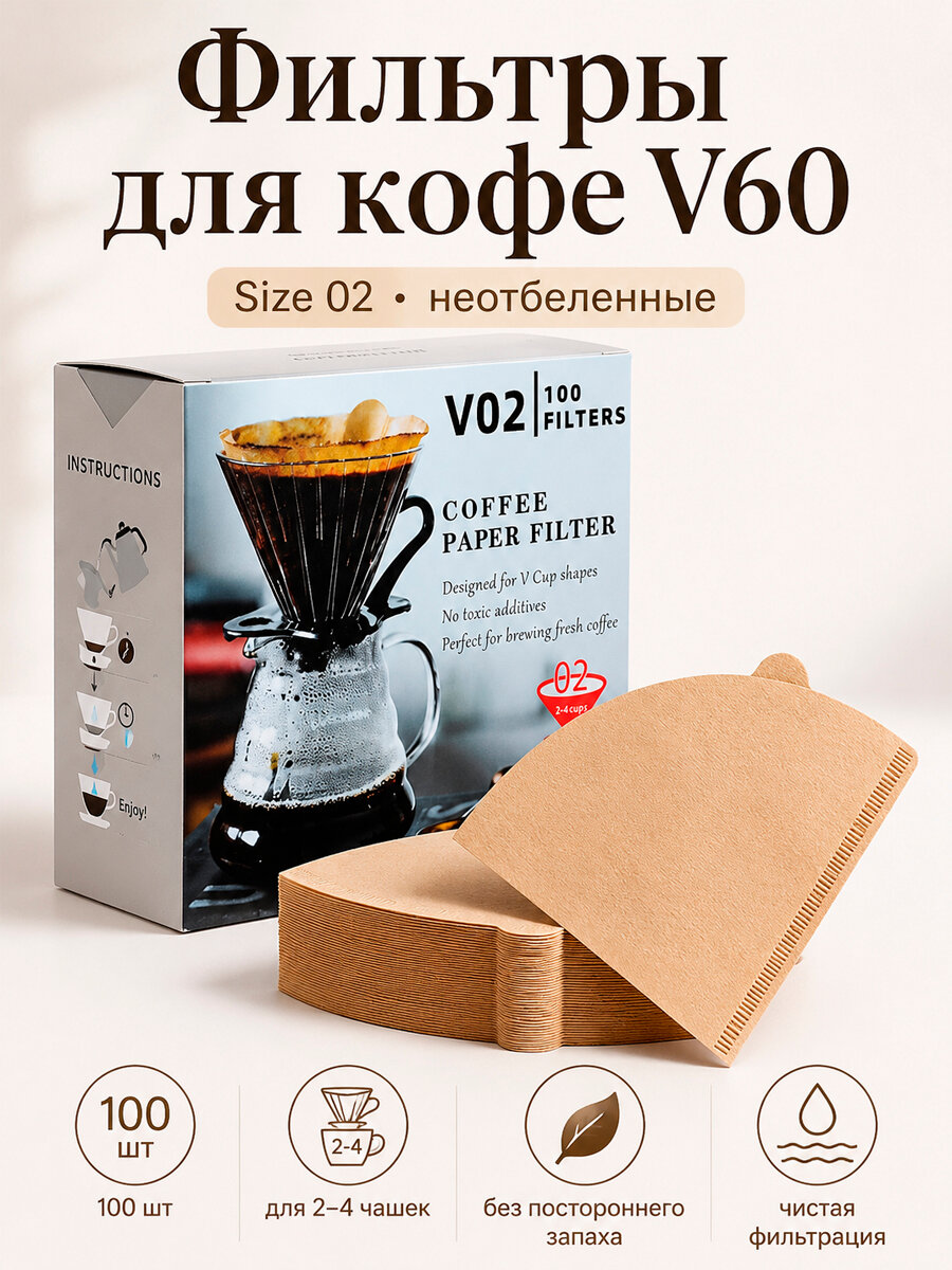 Фильтры для кофе неотбеленные V60, №02, 100 шт / Дрип-кофе, фильтр для пуровера, для заваривания в кофеварке и воронке