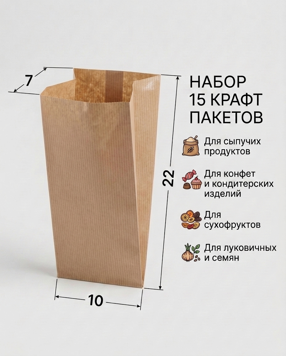 Крафт пакет гладкий 20х10см, в тонкую полосочку, 15 шт. ГОСТ