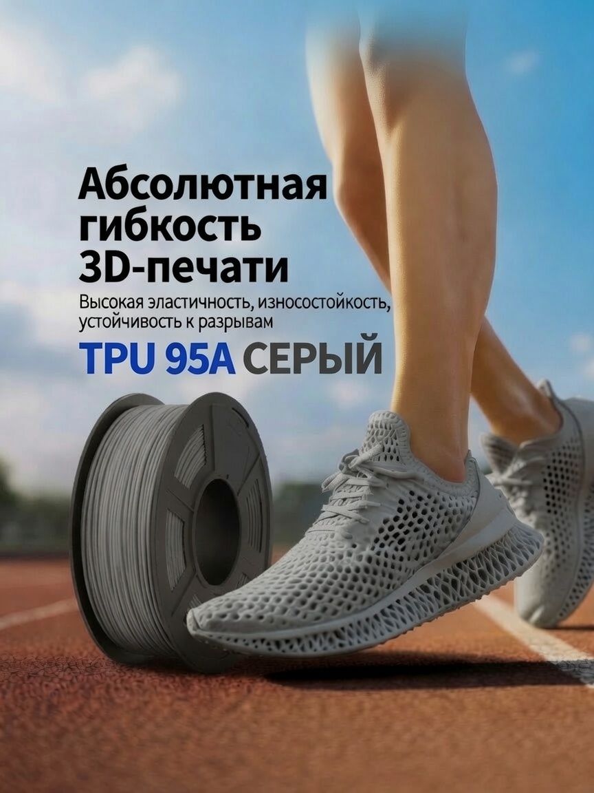 Серый TPU 95A 1 кг, катушка Нить 1,75 мм, гибкий мягкий пластик, филамент для 3D-печати, инженерный плаcтик
