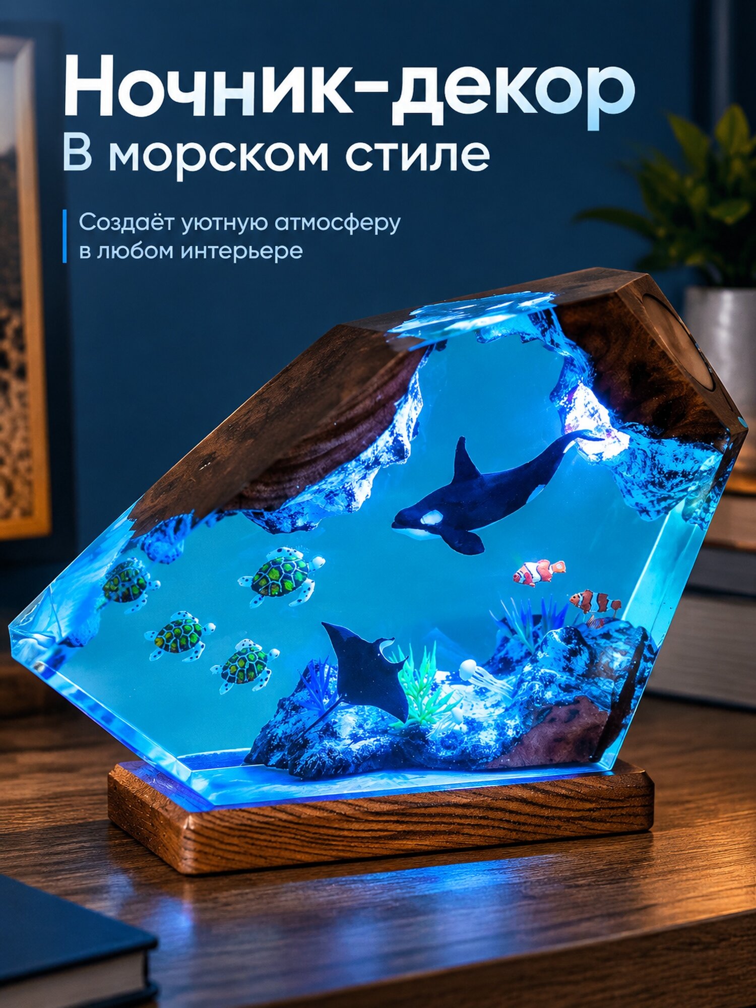 Настольный ночник-декор из синей смолы с морской композицией, 6 × 4 дюйма