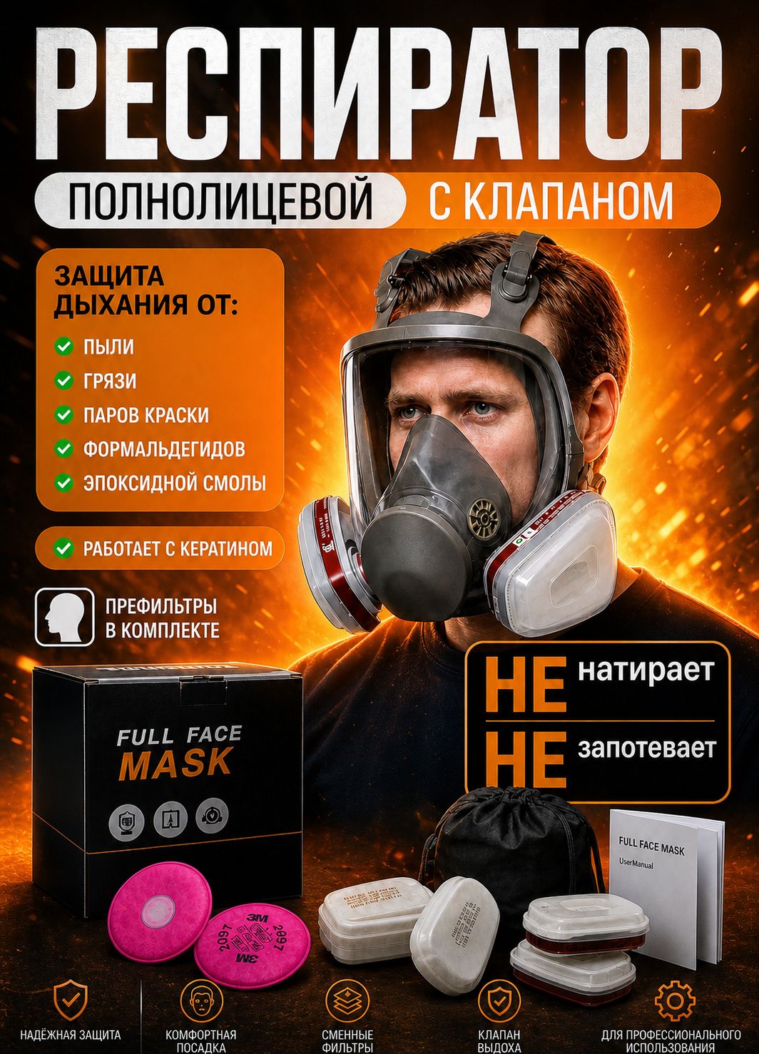 Респиратор (противогаз) от пыли и химии, строительный, профессиональный, защитная маска для покраски полнолицевая
