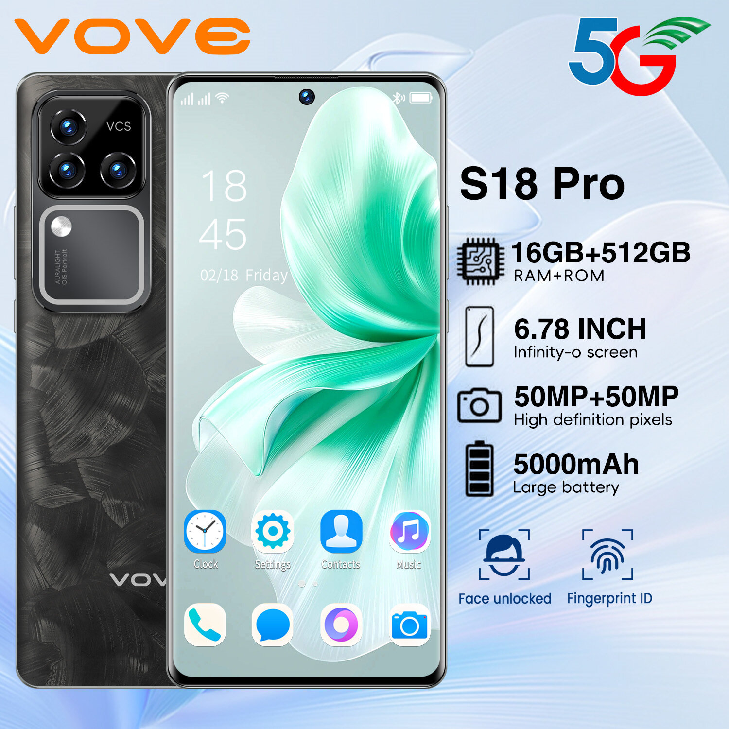 Смартфон S18 Pro, Android, 16GB/1024GB, Ultra Wide, 50MP, Black