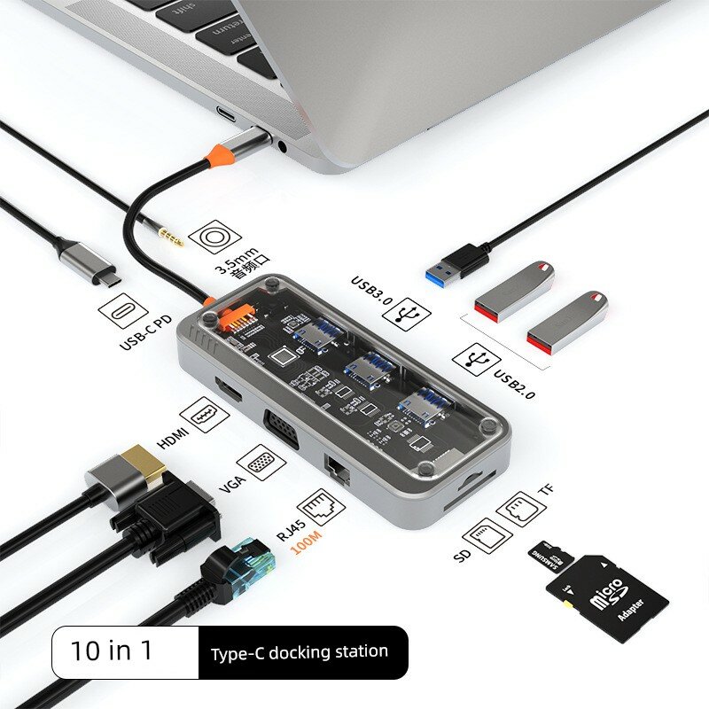10-в-1 USB-C хаб для MacBook Pro с HDMI, PD, USB, SD, TF, RJ45, VGA