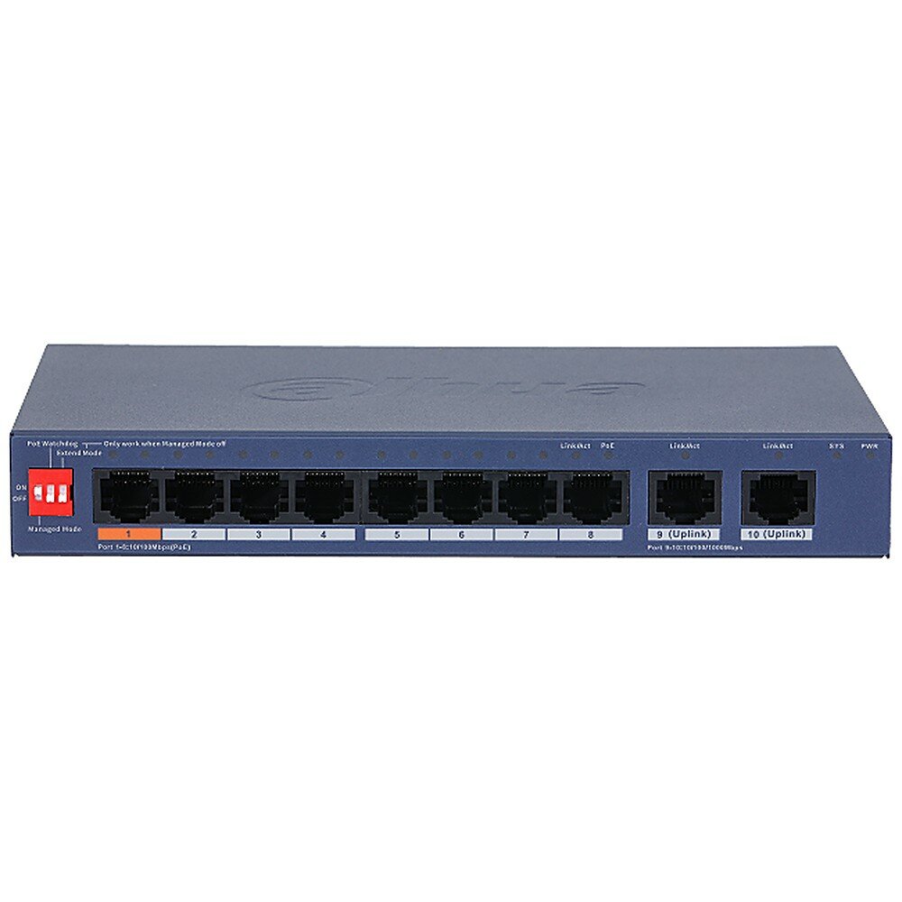 Коммутатор Dahua DH-CS4010-8ET2GT-60 — 8 PoE-портов 10/100 Мбит/с, 2 SFP, бюджет PoE 60 Вт, Web-управление