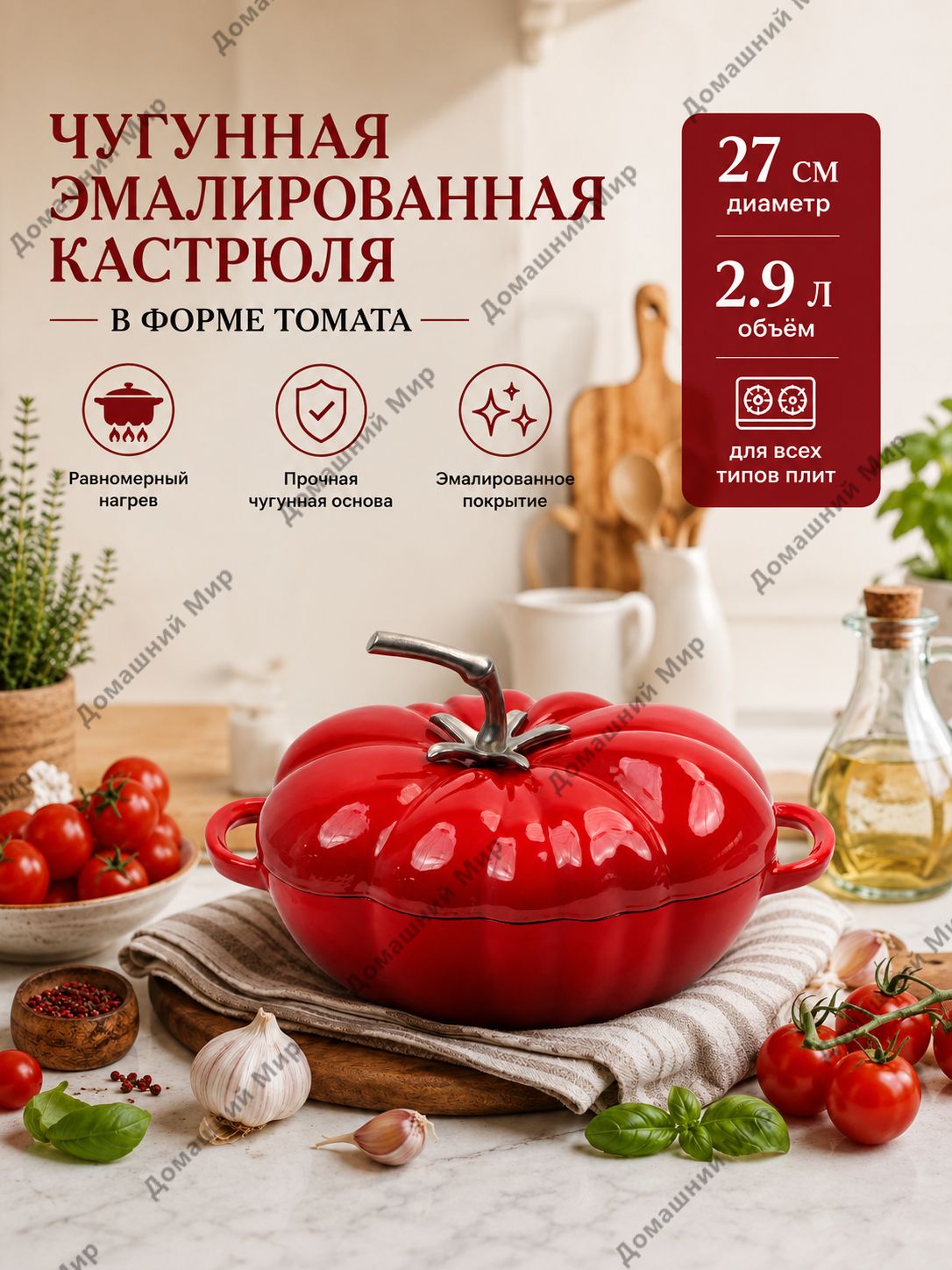 Котел пищевой 27 см 2,9 л с крышкой эмаль