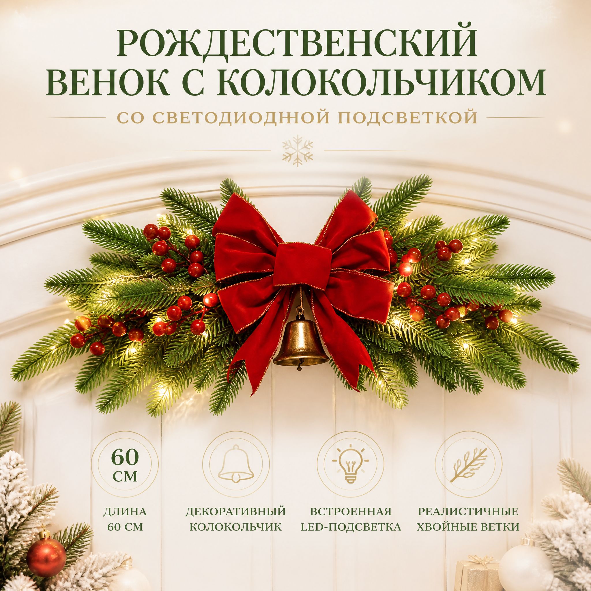 Рождественская гирлянда 60 см с бантом, колокольчиком и LED подсветкой, декор для арки и двери